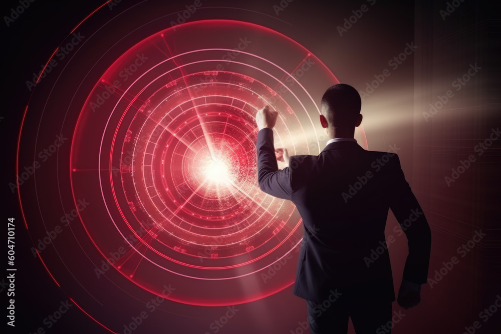 Businessman throwing red arrow dart to virtual target dart board. Setup ...