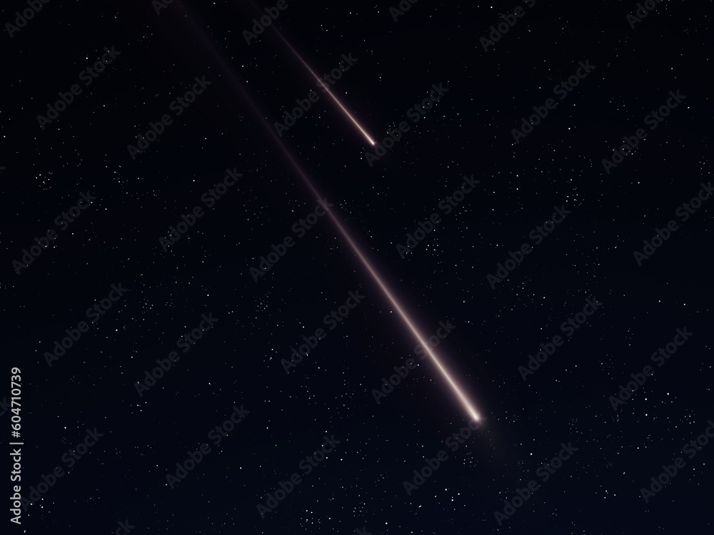 Bright fireballs in the night sky. A meteor flash illuminates the ...
