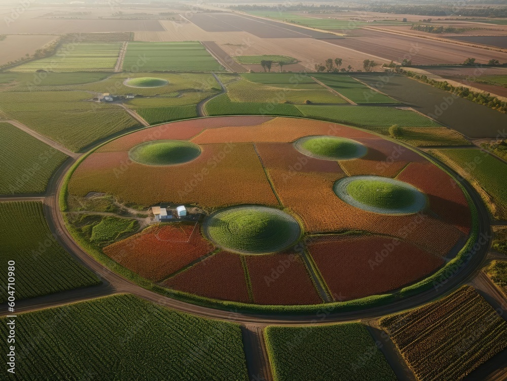 A birds eye view of a circular farm where crops are irrigated by a ...