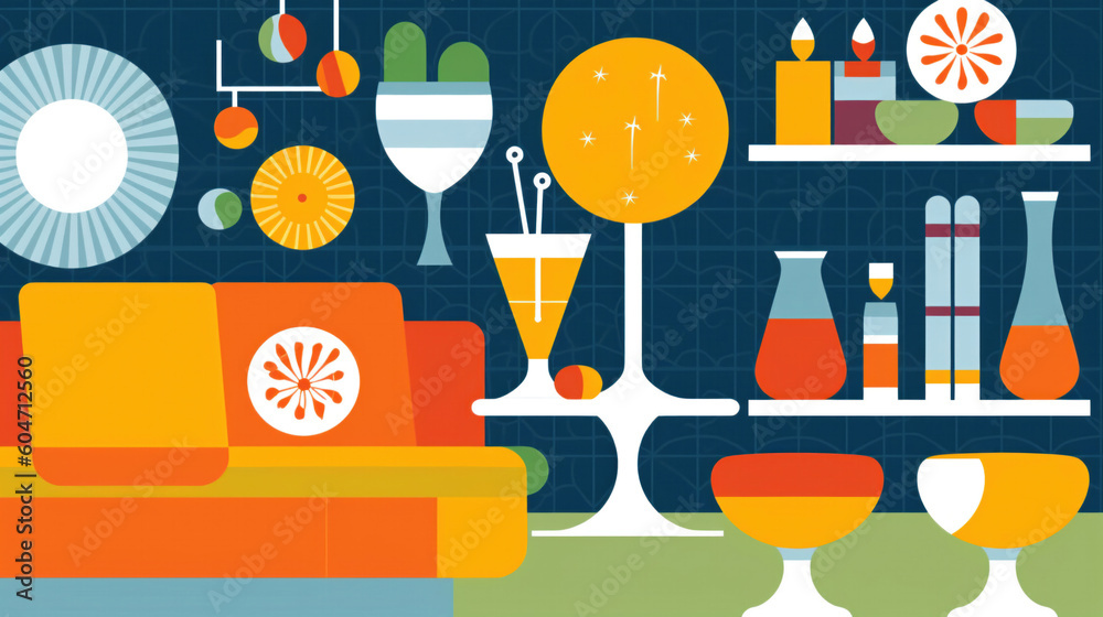 Illustration of a blue room, imbued with light yellow and dark orange ...