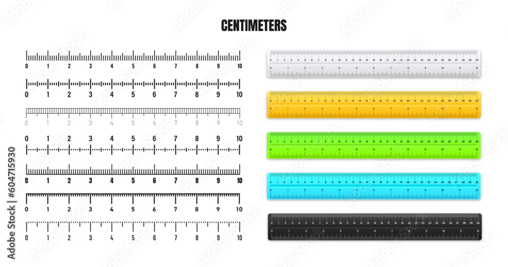 Realistic metal rulers with black centimeter scale for measuring length ...