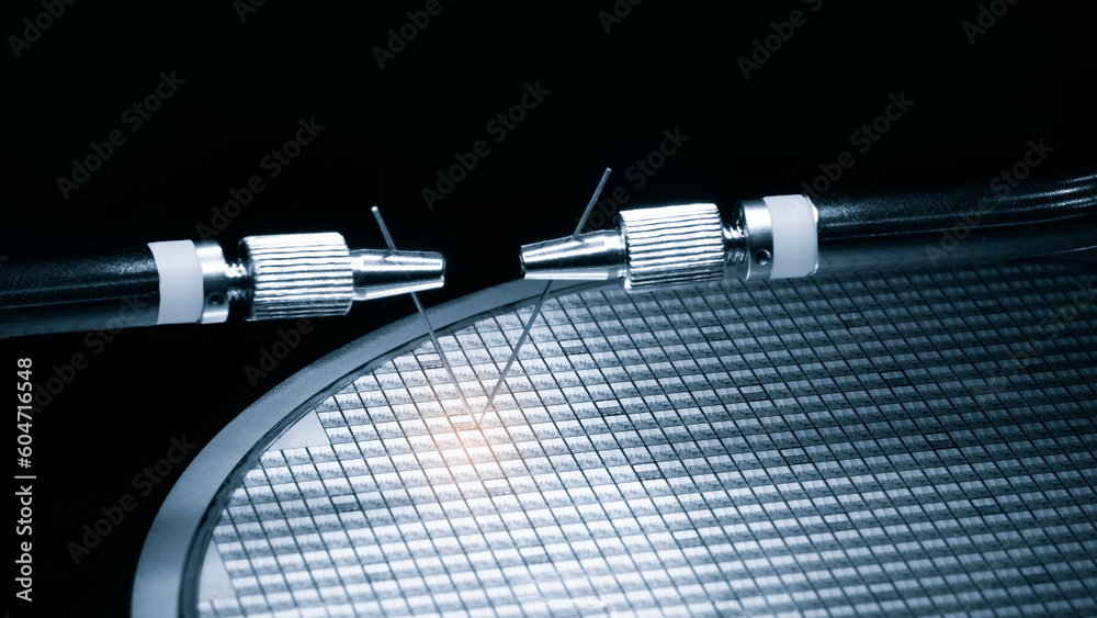 Close-up study of the test sample of the transistor microchip under a ...