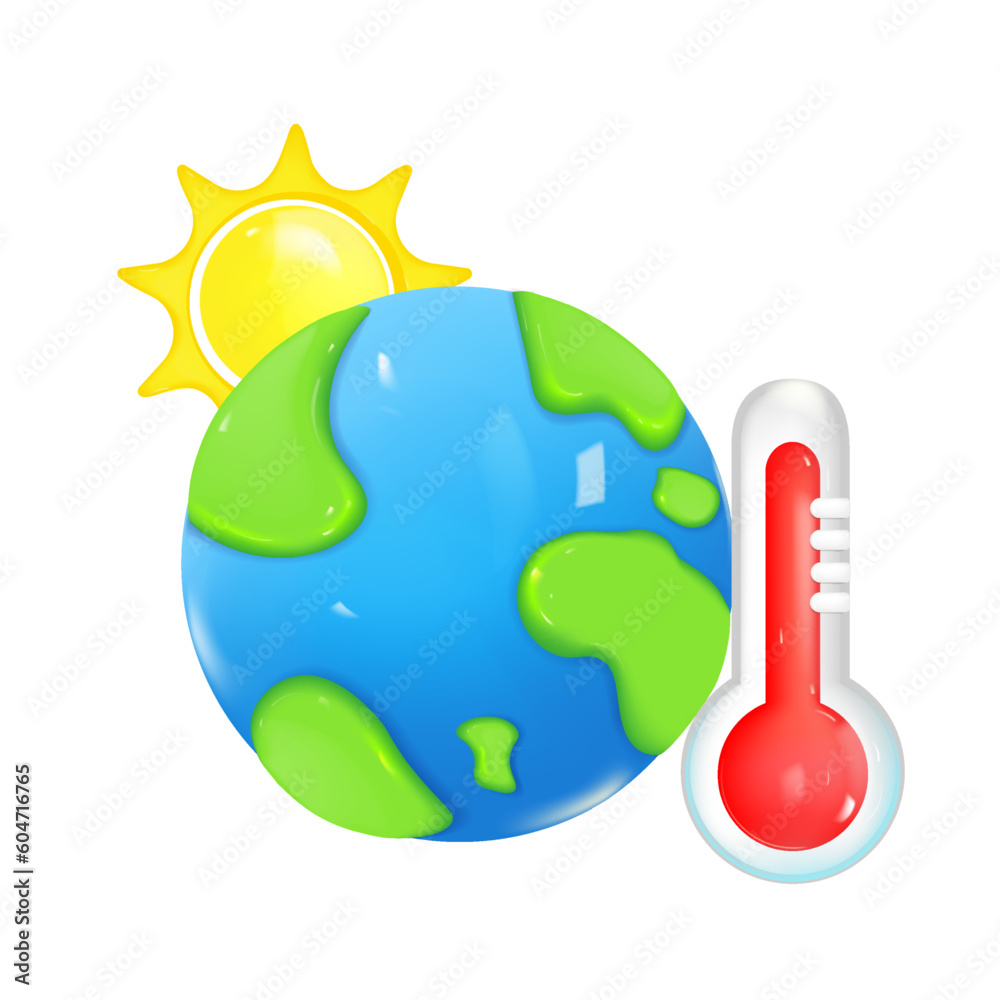 3d earth globe icon vector. Hot thermometer temperature. 3d climate ...