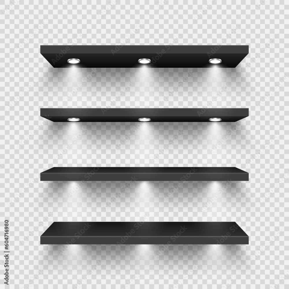 Realistic black store shelves with lighting, spotlights. Empty product ...