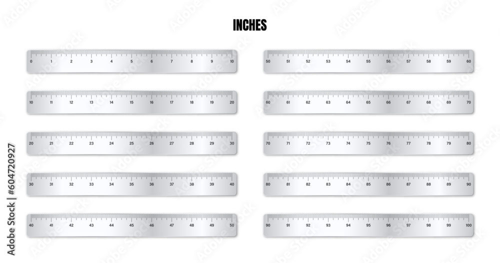 Realistic various shiny metal rulers with measurement scale and ...