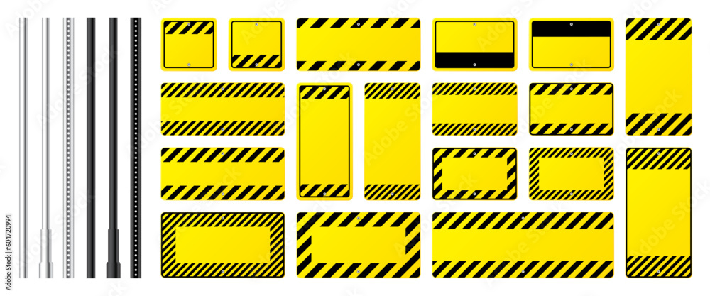 Warning, danger signs, attention banners with metal poles. Blank yellow ...