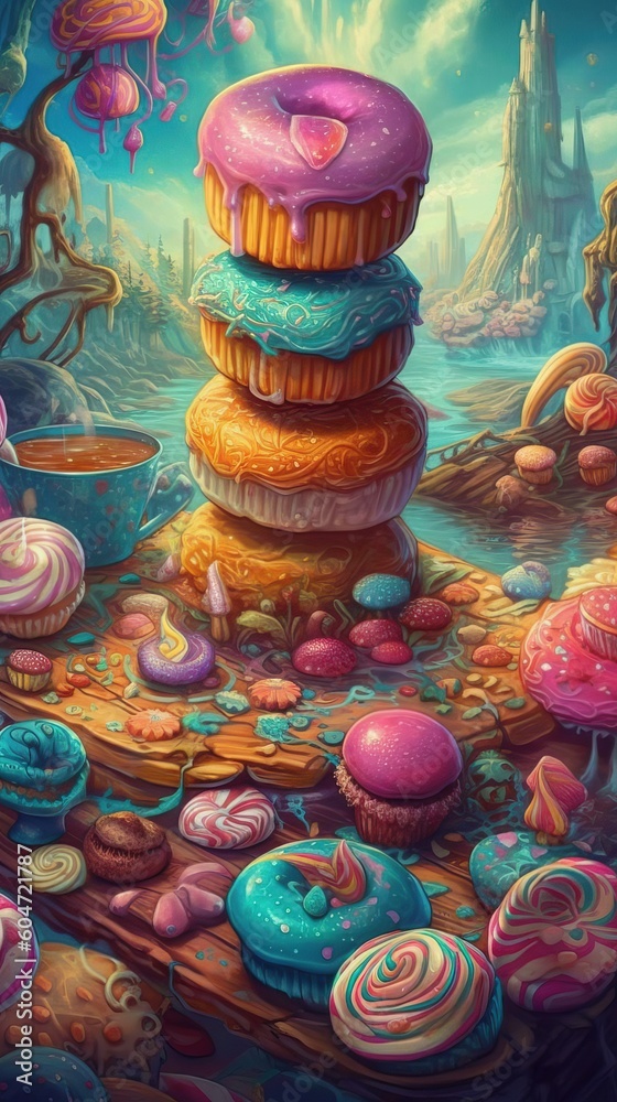 A stack of delicious donuts. Illustration of psychedelic donuts ...