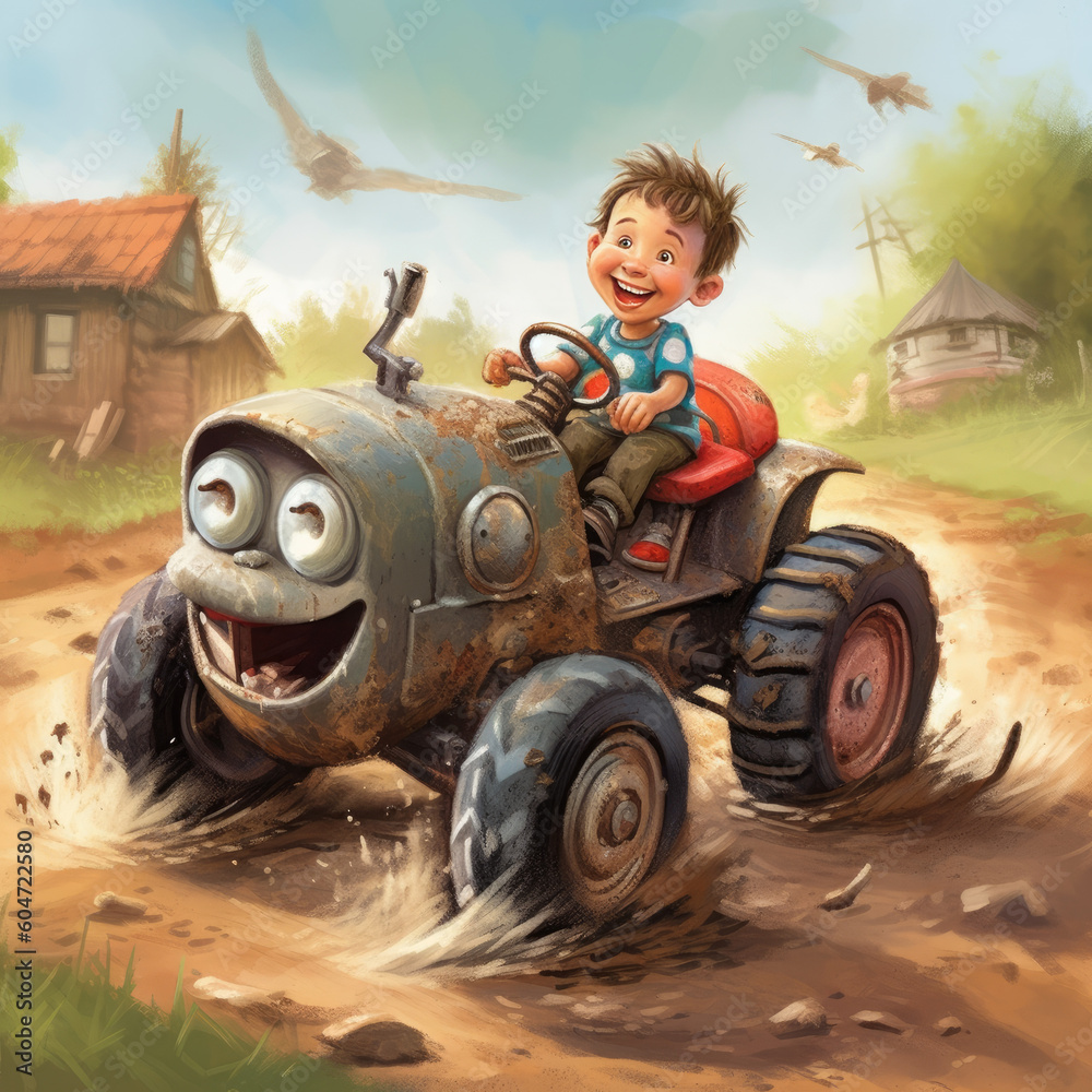 Cartoon illustration of a young boy with a play peddle car Stock ...