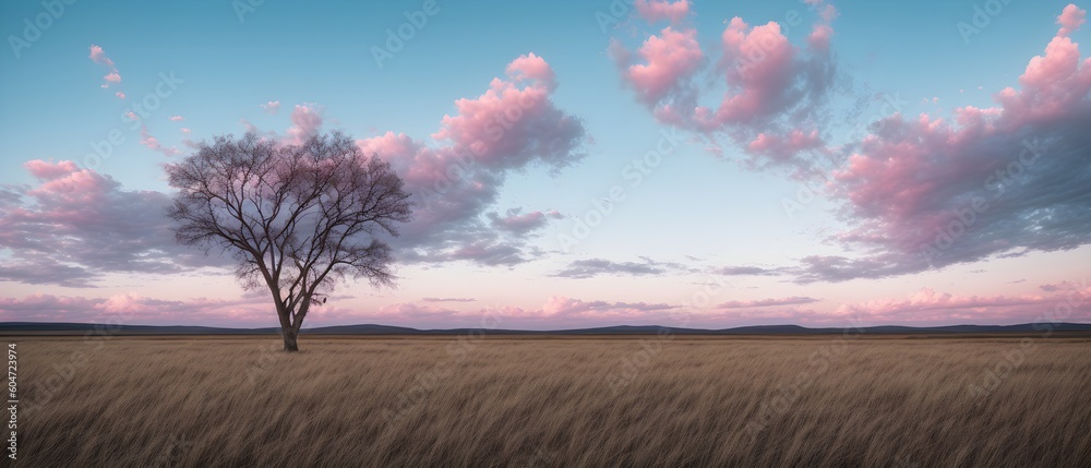 Beautiful nature in gentle sunset shades with pink clouds. Landscape ...