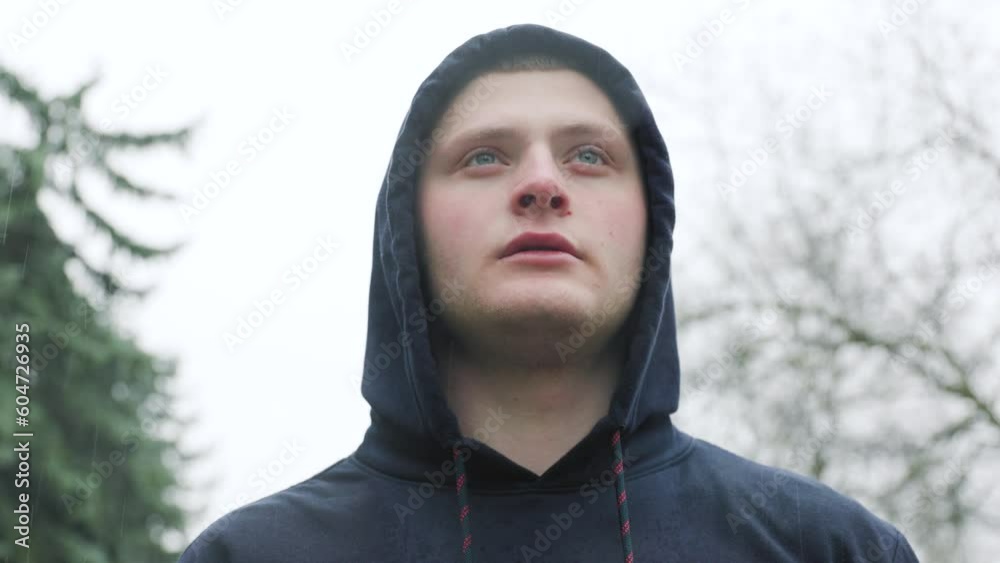 Rainy Day Outdoor Portrait Captivating Look of a Handsome Guy. A ...
