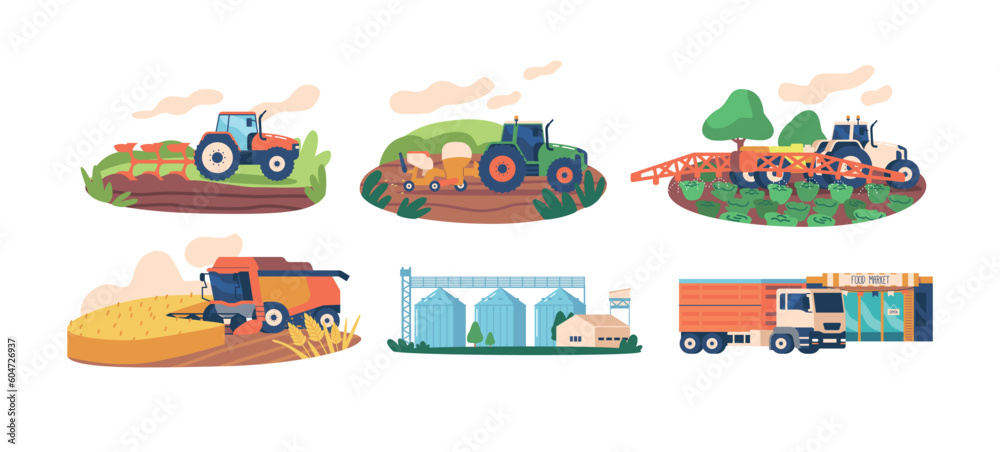 Stages Of Cultivation And Crop. Preparation and Plowing Soil, Sowing ...