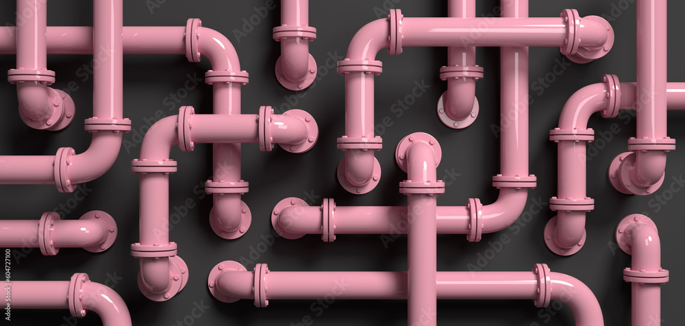 Pink pipe maze on a black wall. Glamour indastrial background. 3D ...