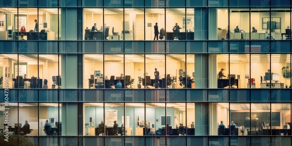Outside view of office building many window with business people ...