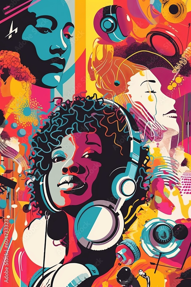 A collage of different music-related elements such as vinyl records ...