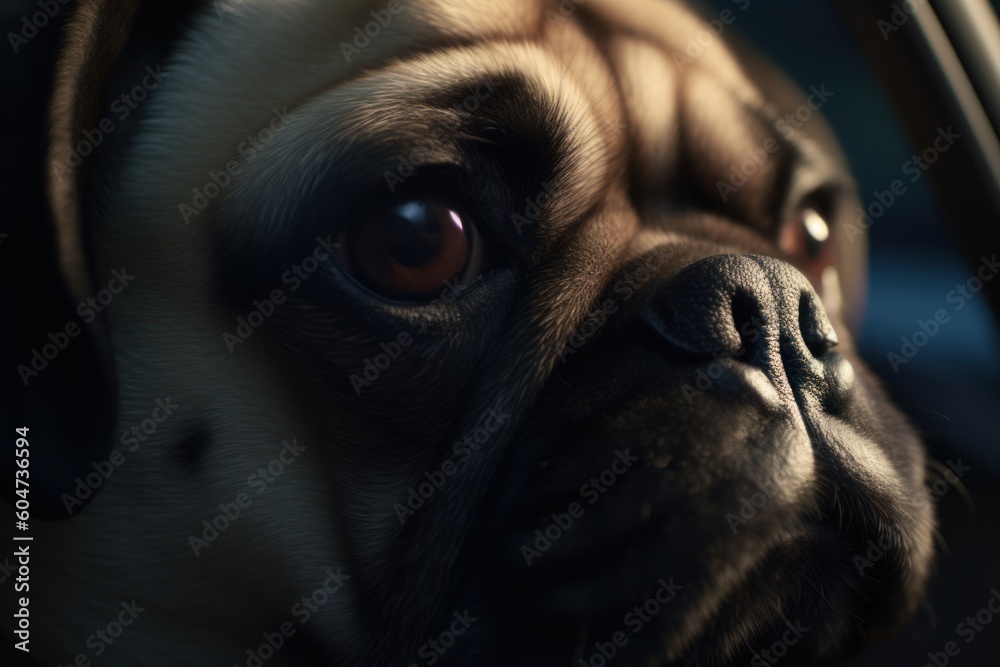 Capturing the adorable face of a pug in a close-up view, looking out of ...