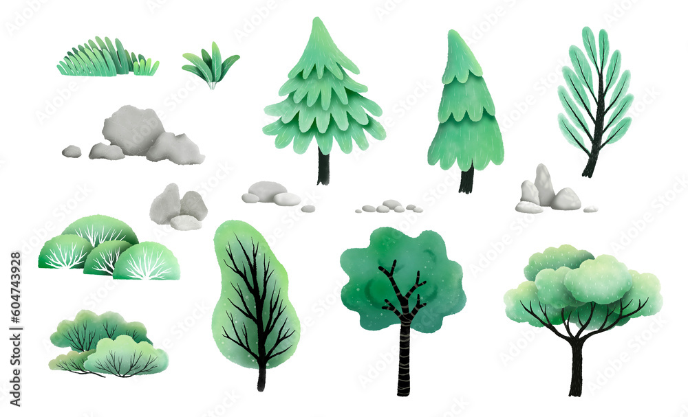 Cartoon trees set isolated on a white background. Cute green plants ...
