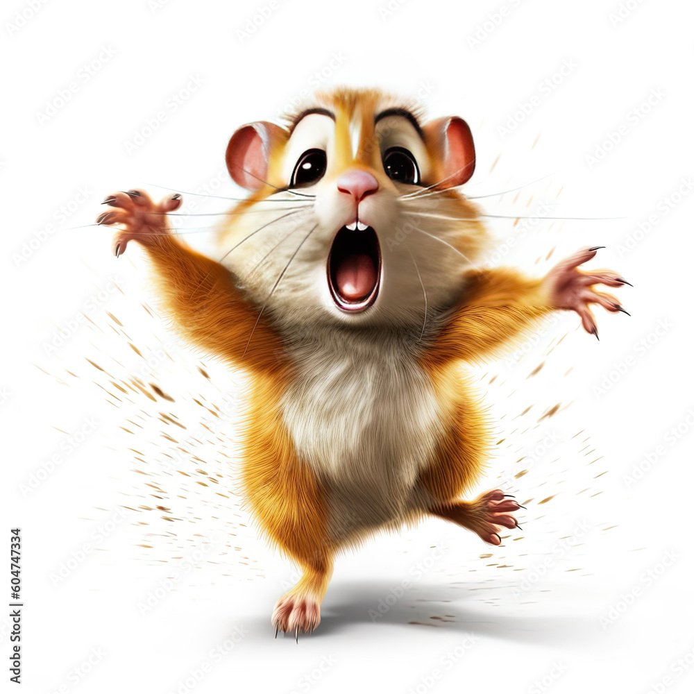 Hamster pet with open mouth running fast on the withe background. Cute ...