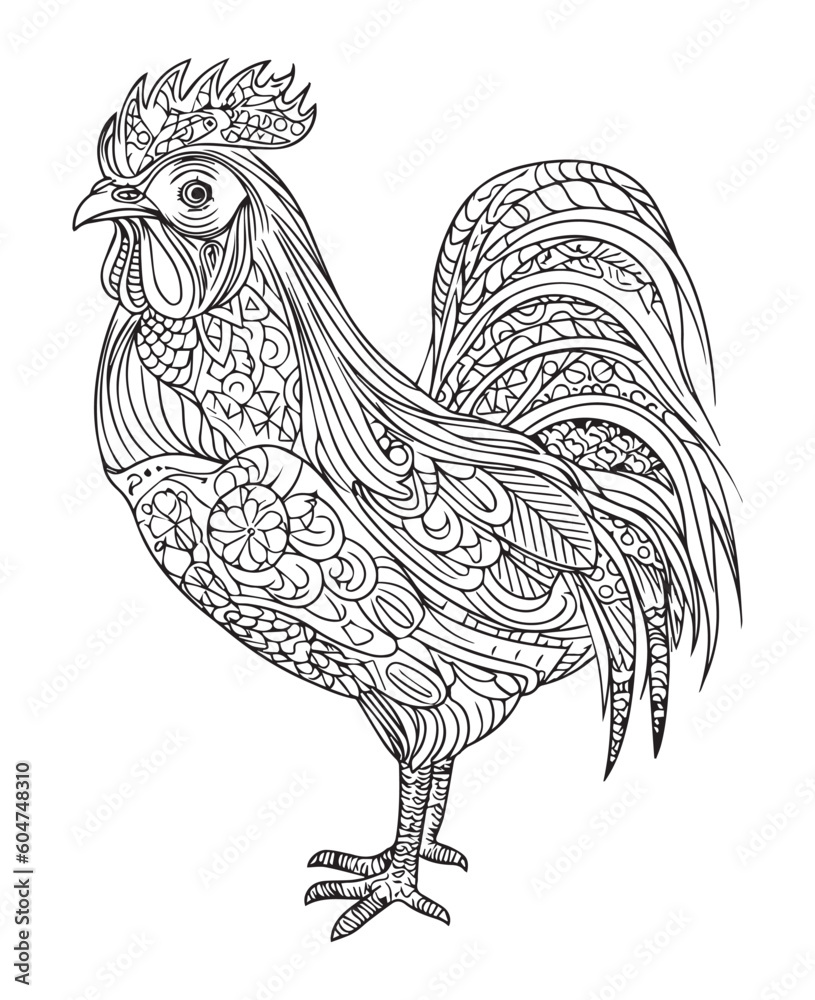 Hand drawn vector coloring page of rooster, hen. Coloring page for kids ...