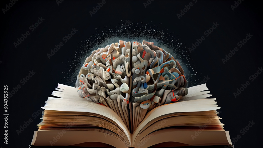 Image of the human brain on the pages of an open book. Generative AI ...