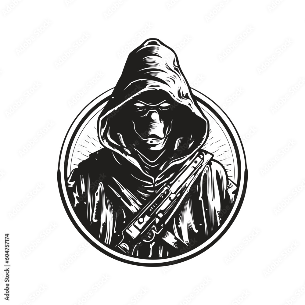 stealthy secret assassin, vintage logo line art concept black and white ...
