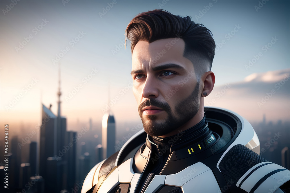 Man in Sci-Fi Space Suit Outside with Tall City Buildings in the ...