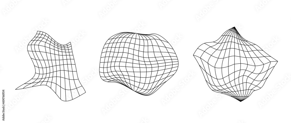 Distorted wireframe elements collection. Geometric surface grid set ...