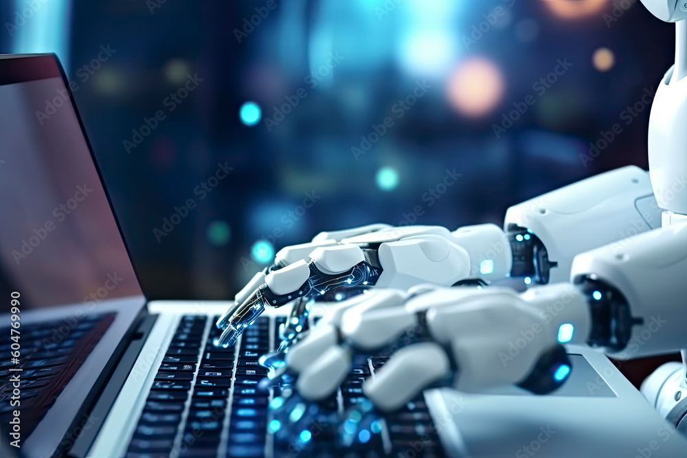 Robot hands and fingers point to laptop button advisor chatbot robotic ...