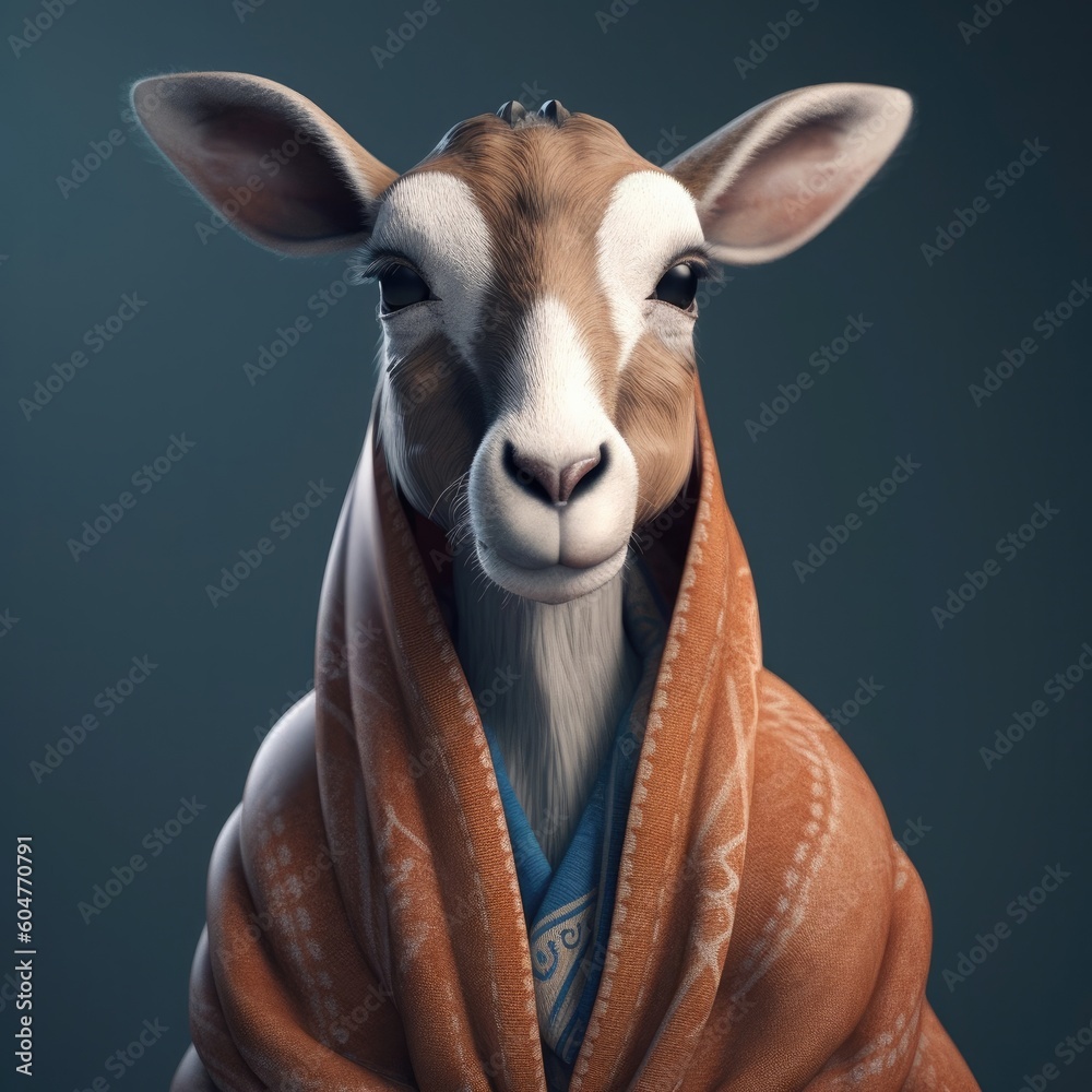 3D cartoon goad gazelle portrait wearing clothes, standing in front ...