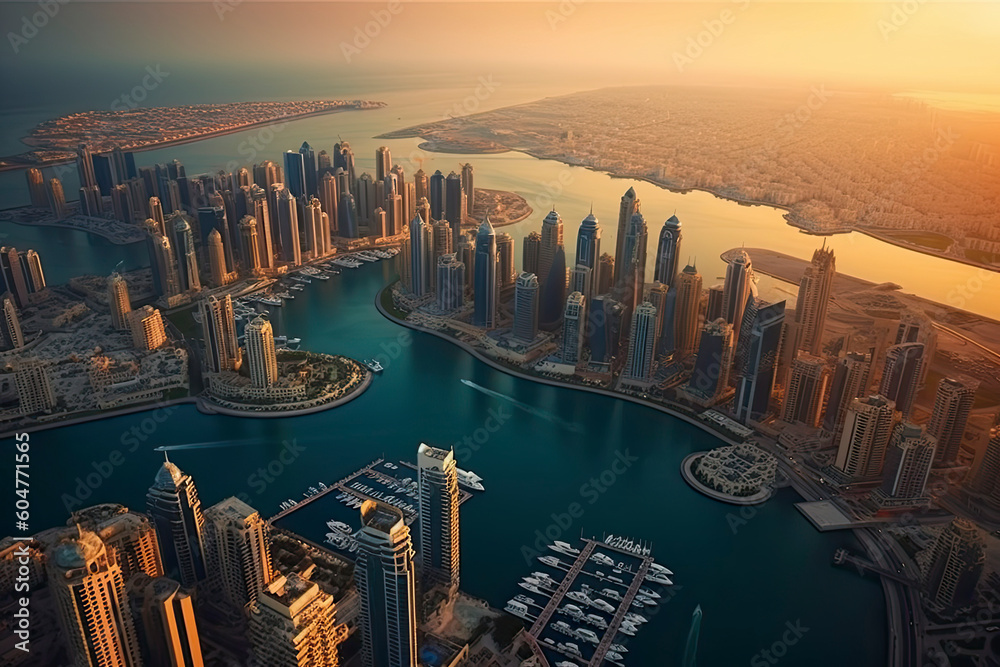 Aerial view of Dubai city in sunset light.AI Generative Stock ...