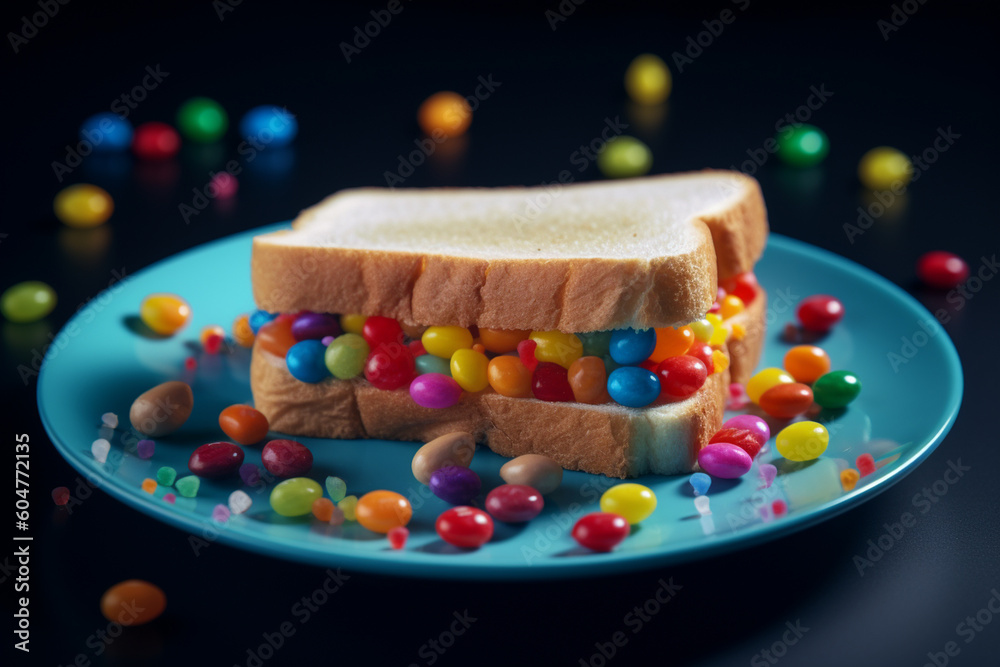 White bread sandwich with colorful jelly beans inside, unhealthy food ...