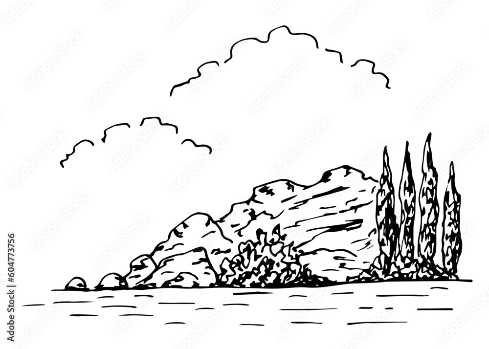 Simple black outline vector drawing. Landscape and nature. Rocky cliff ...