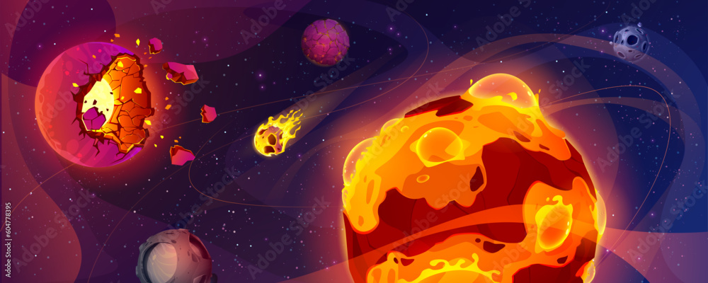Space background with burning alien planets. Vector cartoon ...