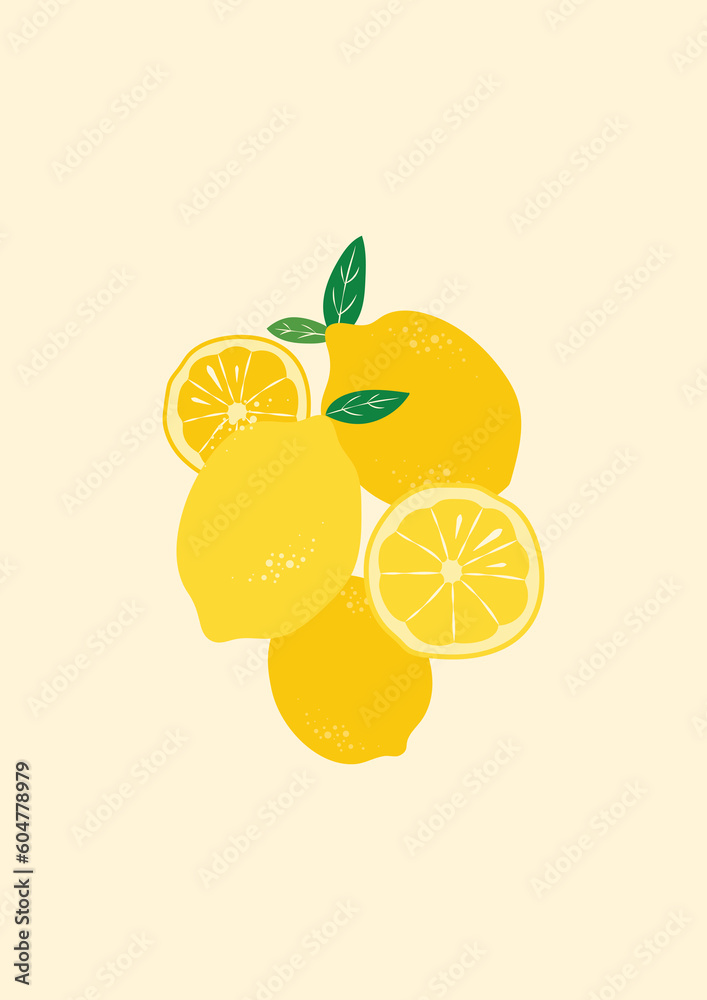 Lemon illustration with leaves whole and slices of lemons. Vector ...