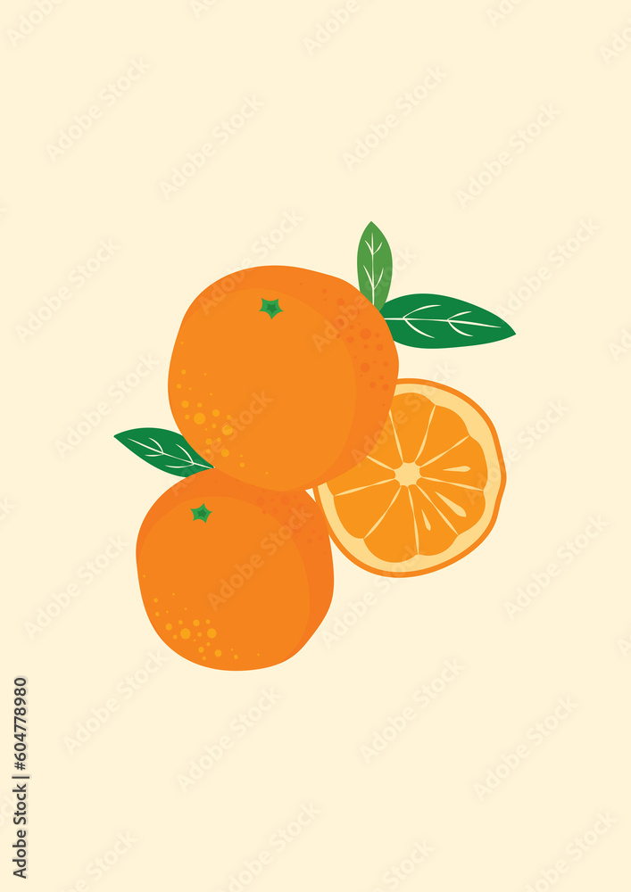 Orange illustration with leaves whole and slices of oranges. Vector ...