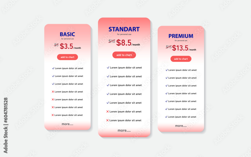 Pricing table vector UI UX design. Landing page website price list ...