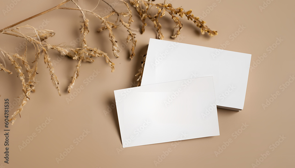 White isolated visit card template on natural beige background with dry ...