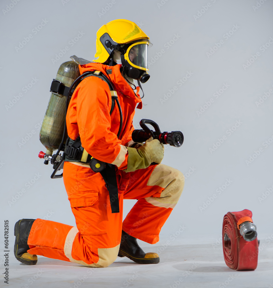 Side view of the firefighter's focused gaze and determined posture ...