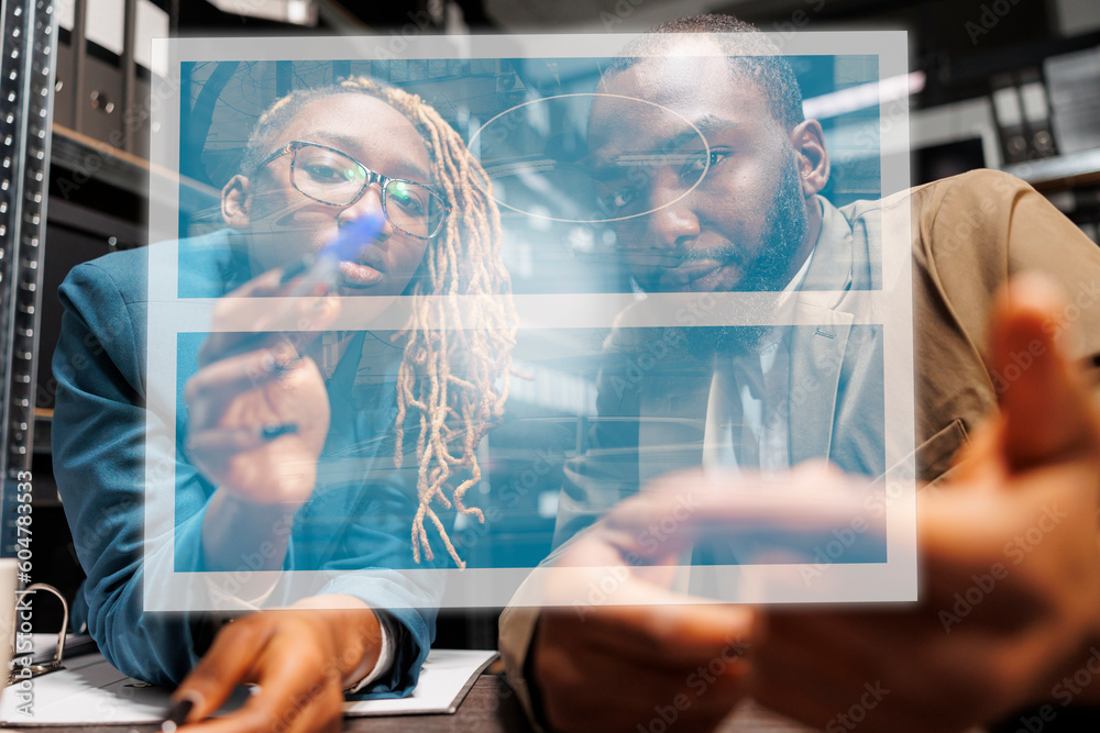 Private detective analyzing hologram in evidence room, checking ...