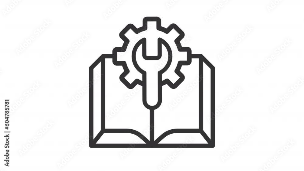 Animated manual line icon. Wrench turning cogwheel over opened book ...