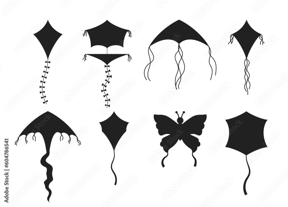 Air kites black silhouettes set of various shapes vector illustration ...