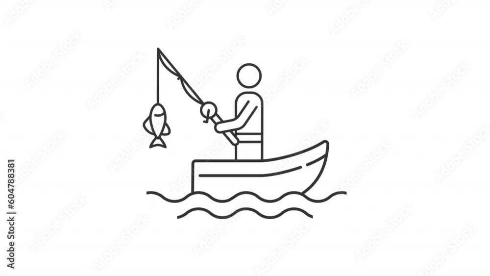 Animated fisherman in boat line icon. Angler catching fish animation ...