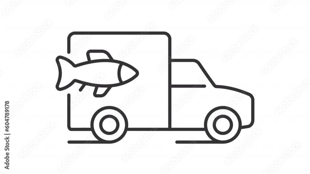 Fish transporting icon animation. Animated line food truck riding ...