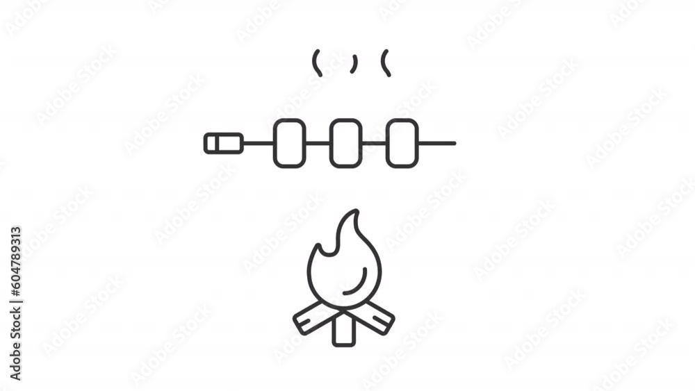 Animated roast marshmallow line icon. Marshmallows on skewer above ...