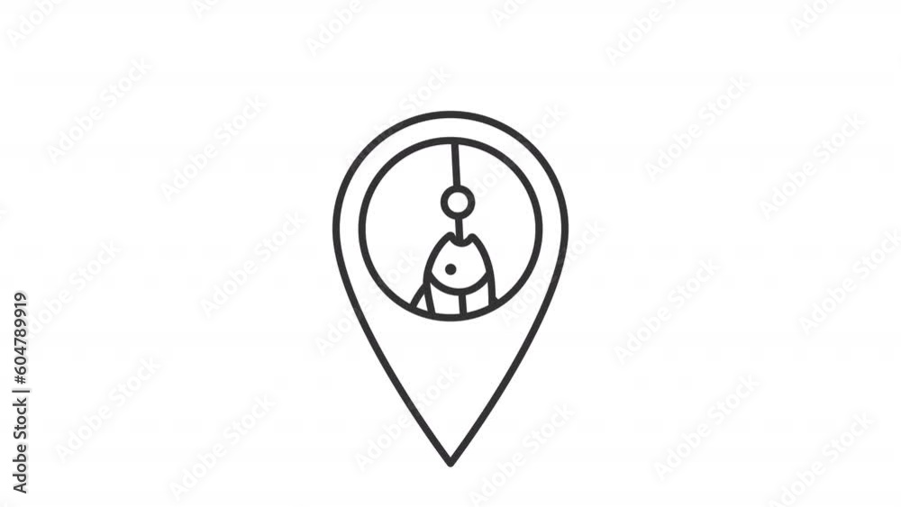 Animated fishing spot line icon. Caught fish inside location sign ...