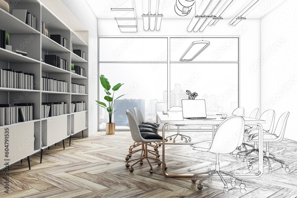 Modern meeting room interior design sketch with stylish conference ...