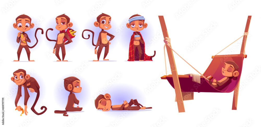 Cartoon set of cute monkeys isolated on white background. Vector ...