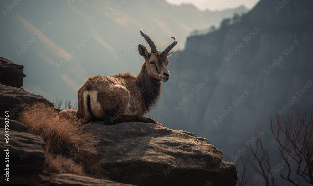 Photo of markhor (Capra falconeri), perched on a rocky outcrop ...