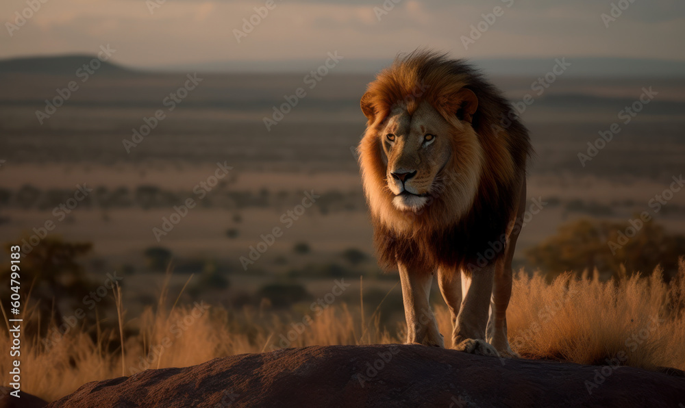 Lion King of the Savanna: Photo of lion, its majestic mane blowing in ...