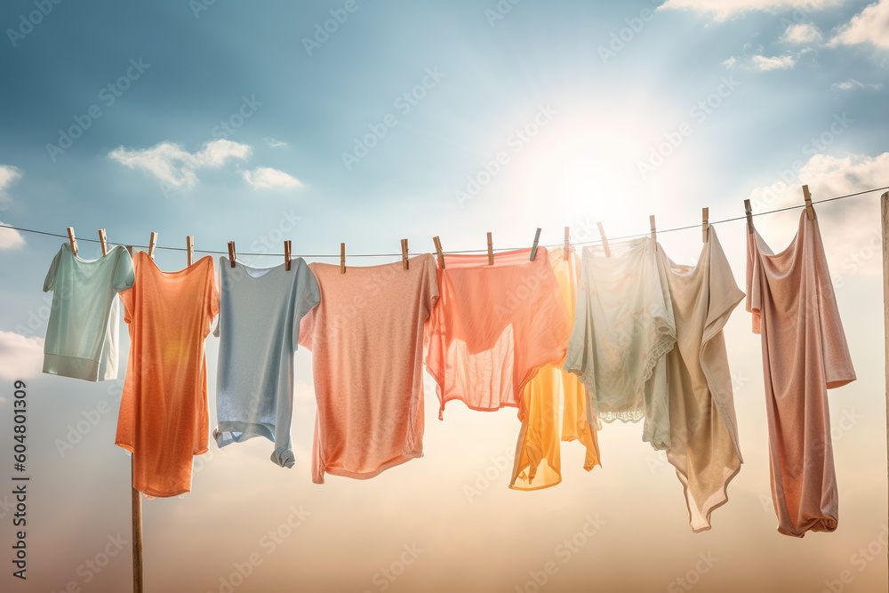 Clothes hanging on a clothes line with the sun in the background. Peach ...