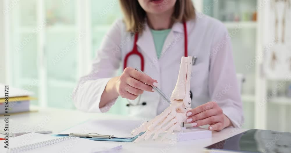 Doctor orthopedist shows model of structure of foot on table in clinic ...